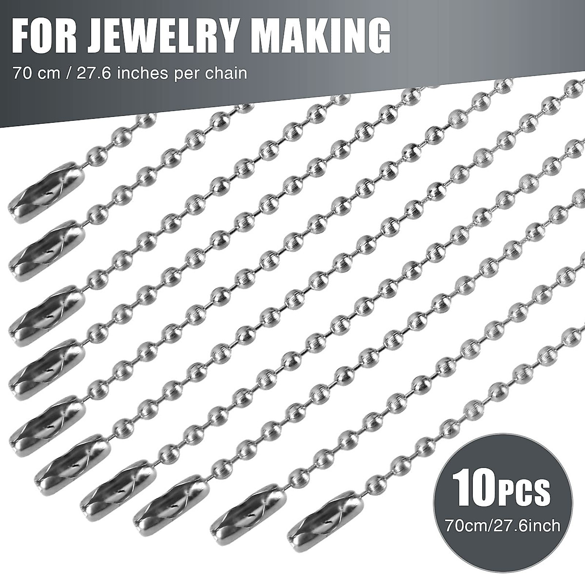 Mandalahuang 10 pcs Dog Tag Chain, Ball Chain Necklace, dog tag chains for men, Silver Nickel Plated Metal 27.6" Long 2.4mm Ball Bead Chain.