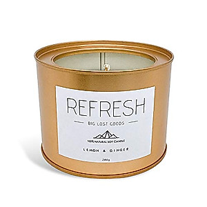 BIG LOST GOODS Refresh Candle | Lemon & Ginger Scented | 10 Oz Tin Made with 100% Soy Wax and Natural Essential Oils || Use for: Energy, Rejuvenation, Positivity, and Revitalization