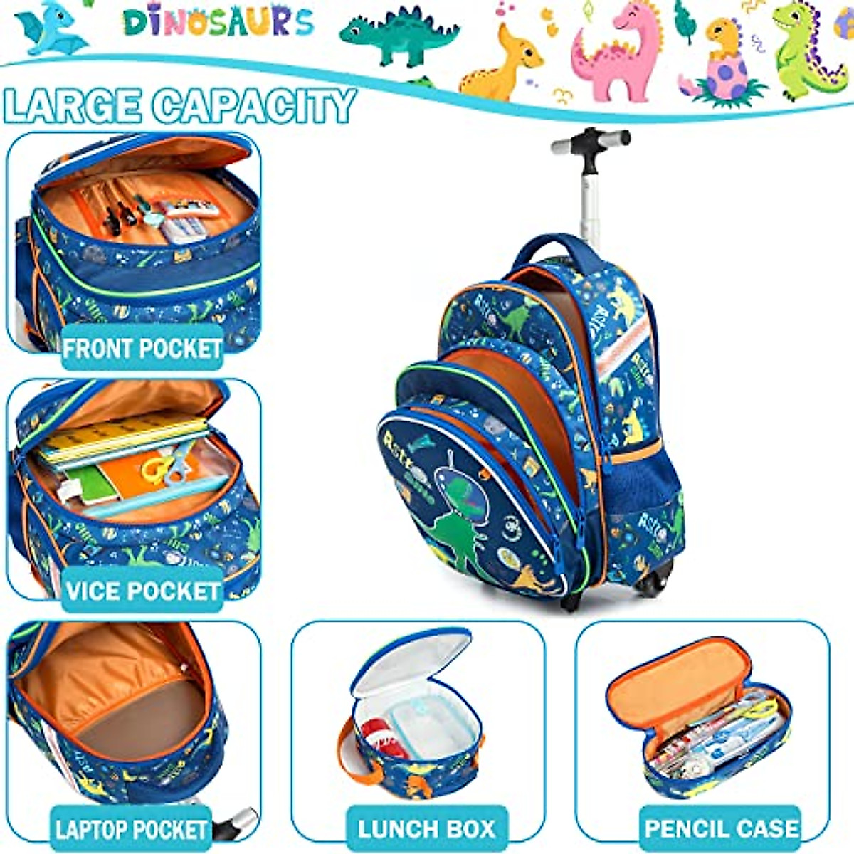 Meetbelify Boys Dinosaur Rolling Backpack Kids Backpacks with Wheels for School Bags Luggage