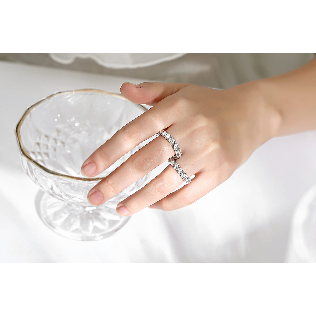 CannyCat Eternity Moissanite Ring 4.0mm 5CTTW D color Full Moissanite Eternity Wedding Band for Women Platinum Plated Silver Lab Created VVS Diamond Anniversary Engagement Stackable Rings (6)