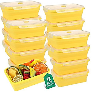 Mifoci 12 Pcs Collapsible Food Container 41 oz Silicone Containers Square Collapsible Bowls with Lids RV Lunch Prep Food Storage Collapsible Bowl for Camping Microwave Freezer Dishwasher Safe (Yellow)