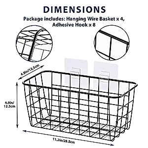 Metal Hanging Wire Basket with Hooks for Storage, Bawuie 4 Pack Wall Mount on Door Sturdy Organizer Holder, Farmhouse Rustic Decor Home Bin for Kitchen Cabinets Pantry Bathroom Bedroom Office, Black