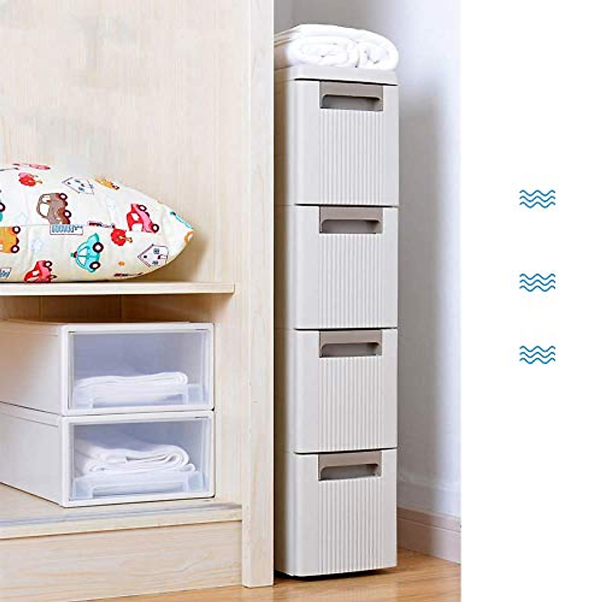 Dresser Storage Drawer Units Narrow Rolling Storage Cabinet Plastic 4-Drawer Storage Cart on Wheels,Standing Shelf Units for Bathroom Bedroom Office Kitchen Living Room (4-Drawer)