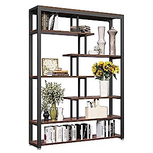Wildhome 7-Shelves Staggered Bookshelf, 71 Inch Extra Tall Bookcase,Vintage Book Shelves Display Shelf Organizer for Office, Study Room, Living Room,(Retro Brown)