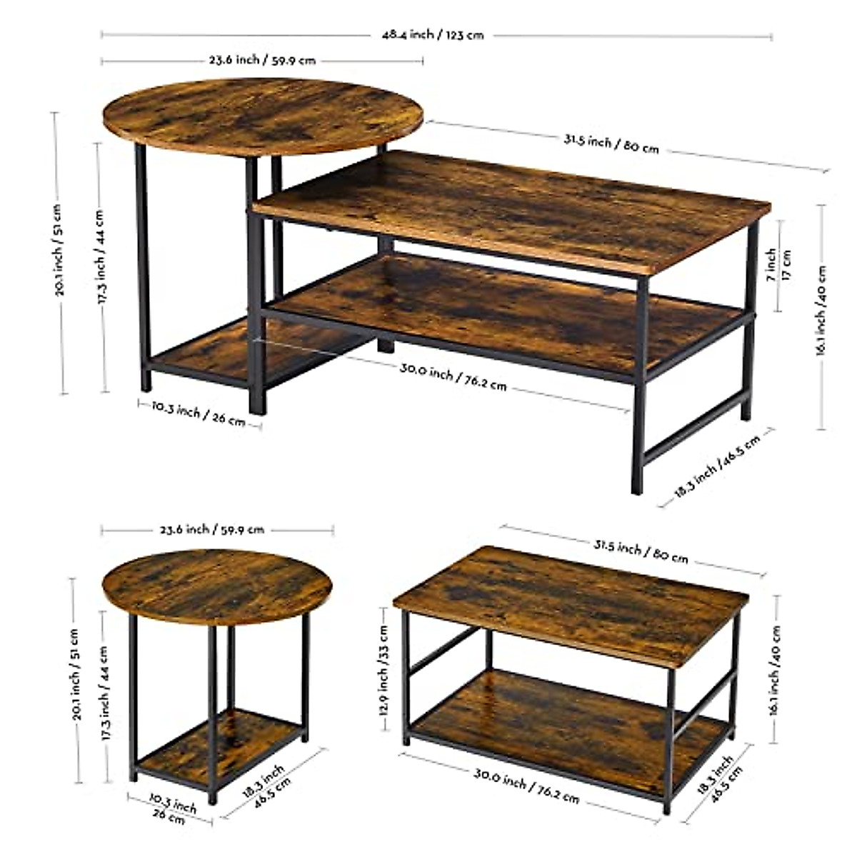 WOHOMO Coffee Table, 2 in 1 Unique Detachable Nesting Coffee Table Set of 2, Small Round and Rectangular Living Room Table Set, Industrial Modern Style Coffee Tables for Living Room, Rustic Brown