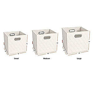 JIAessentials 11 inch Beige Foldable Diamond Patterned Faux Leather Storage Cube Bins Set of Two with Handles for living room, bedroom and office storage