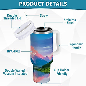 Jihqo Wonderful Mountains Lakes 40 oz Stainless Steel Vacuum Insulated Tumbler with Handle and Straw Lid, Leakproof Water Bottle Double Wall Travel Mug Coffee Cup, Cupholder Friendly