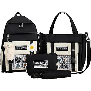 Kawaii School Backpack Sets Canvas Bookbag with Teddy Bear Pendant Pencil Pouch Shoulder Tote Lunch Bag Laptop Schoolbag Daypack Kit Back to School Supplies for Students Girls Boys (Black)