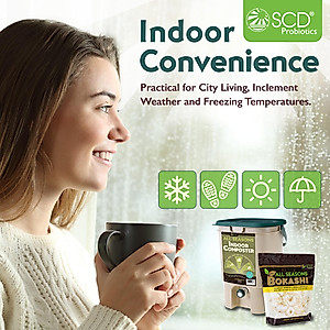 All Seasons Indoor Composter Starter Kit – 5 Gallon Tan Compost Bin For Kitchen Countertop With Lid, Spigot & 1 Gallon (2 lbs.) Bag Of Dry Bokashi Bran – by SCD Probiotics