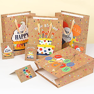 Dimetey 4Pcs 13'' Happy Birthday Gift Bags,4 Designs,Includes 4pcs Greeting Cards,Large Paper Birthday Gift Bag with Handles,Ideal for Kids Adults Birthday Party