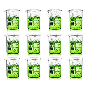 EISCO 12PK Beakers, 50mL - Borosilicate Glass, Low Form - 10mL Graduations
