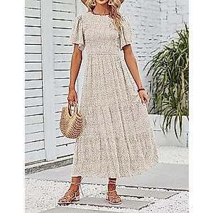 ZESICA Women's 2023 Summer Casual Floral Print Short Flutter Sleeve Crew Neck Smocked High Waist Flowy Maxi Dress,Beige,Small