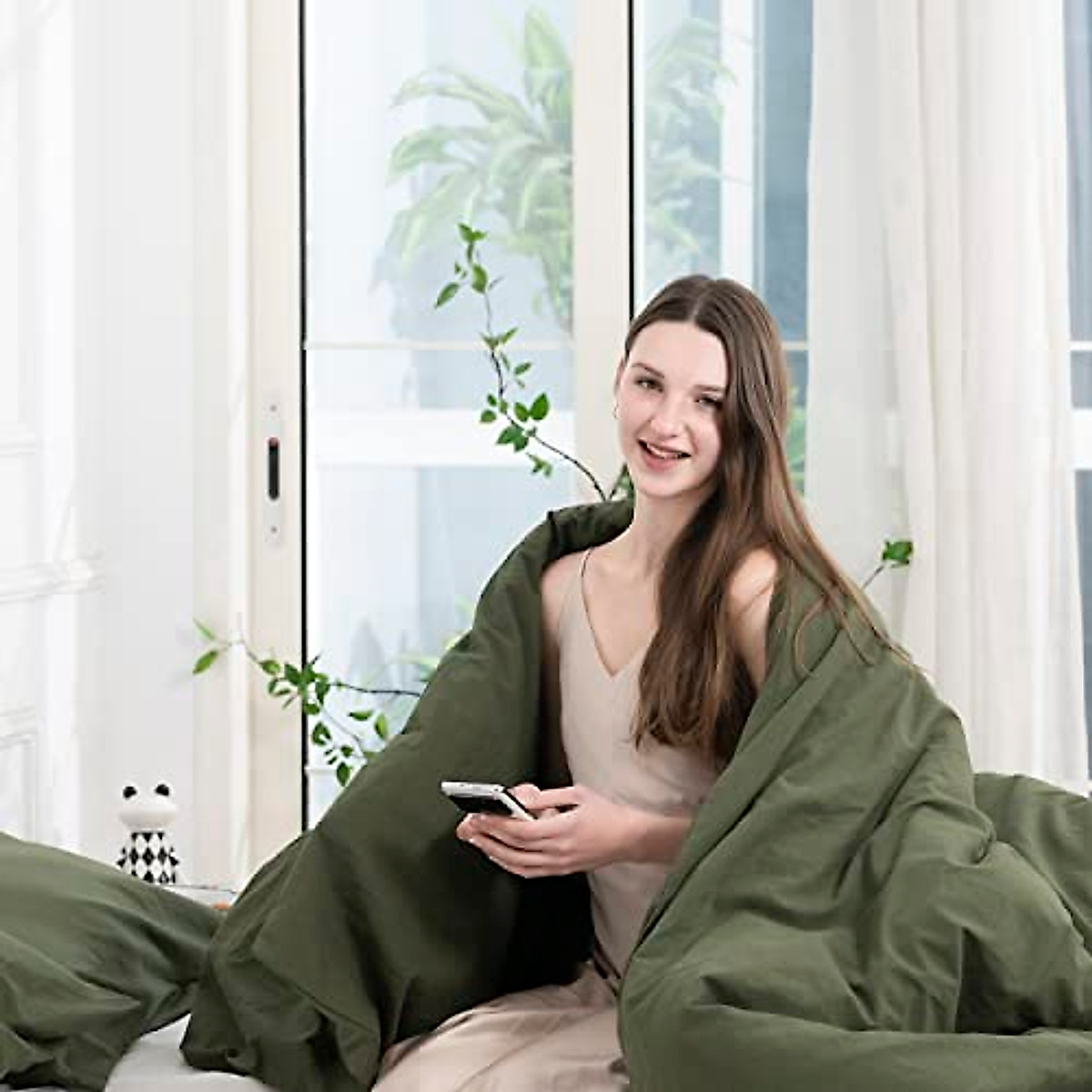 ECOCOTT 3 Pieces Duvet Cover Set King 100% Washed Cotton 1 Duvet Cover with Zipper and 2 Pillowcases, Ultra Soft and Easy Care Breathable Cozy Simple Style Bedding Set (Avocado Green)