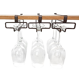 KOMONG Bronze Wine Glass Holder under Shelf, Hanging Wine Glass Rack under Cabinet, No Screw Stemware Rack Hanger, No drilling Wine Glass Storage Organizer, Set of 3
