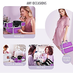 Frenessa Makeup Train Case Cosmetic Box Organizer Storage Portable 4 Trays Jewelry Storage Organizer with Lockable Dividers for Makeup Artist, Crafter, Makeup Tools Traveling Makeup Case Purple