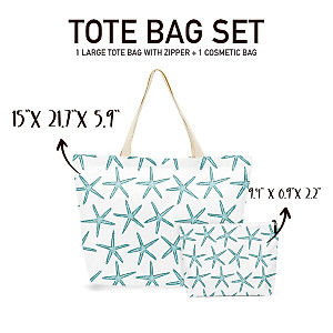 Tote Bag Makeup Bag Starfish Decor Beach Bag Ocean Sea Animals Starfish Story Birthday Christmas Gifts for Women Girls Best Friend Sister Waterproof Tote Bag with Zipper Cosmetic Bag Set of 2