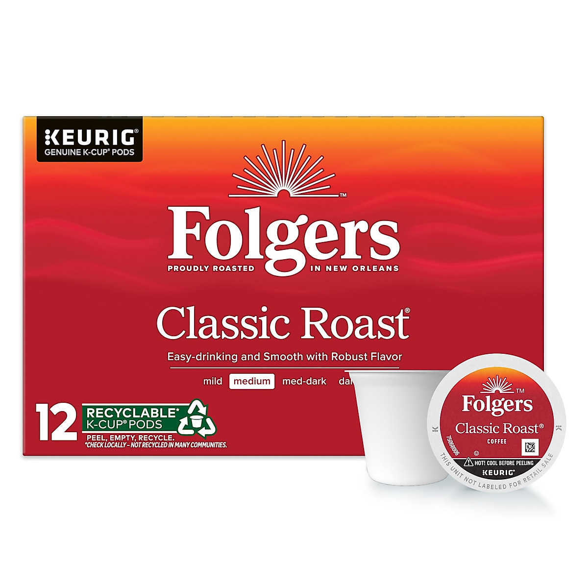 Folgers Classic Roast Medium Roast Coffee, 72 Keurig K-Cup Pods
