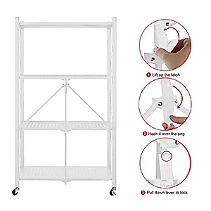 ShanSon Storage Shelves with Wheels 4 Tier Heavy Duty Foldable Metal Rack Storage Shelving Units for Garage Kitchen，White