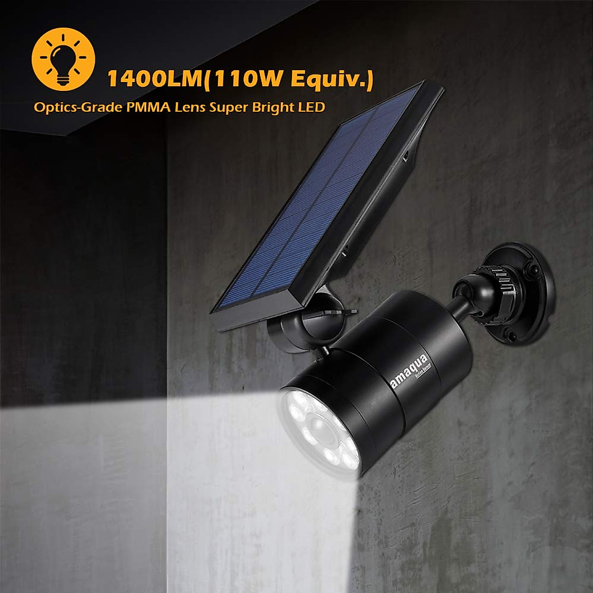 amaqua Solar Motion Spotlight Outdoor Aluminum case 9-Watt(110W Equ.) 1400-Lumen Solar Motion Sensor Floodlight for Outside Garden Patio Garage Deck Post, 2-Year Free Warranty Guarantee(Black)