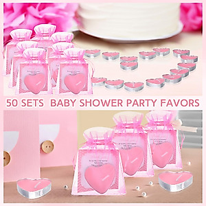 Threlaco 50 Sets Baby Shower Favors Include 50 Pcs Valentine's Day Heart Shaped Tealight for Guests Baby Shower Candles Tealight with 50 Pcs Thank Cards and 100 Pcs Gift Bags for Gender Reveal (Pink)