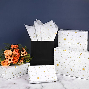 100 Sheets 20 * 14 Inches Galaxy Tissue Paper for Gift Wrapping, White Gold Moon Star Printed Tissue Paper for Gift Bags for Birthday Baby Shower Wedding DIY Craft