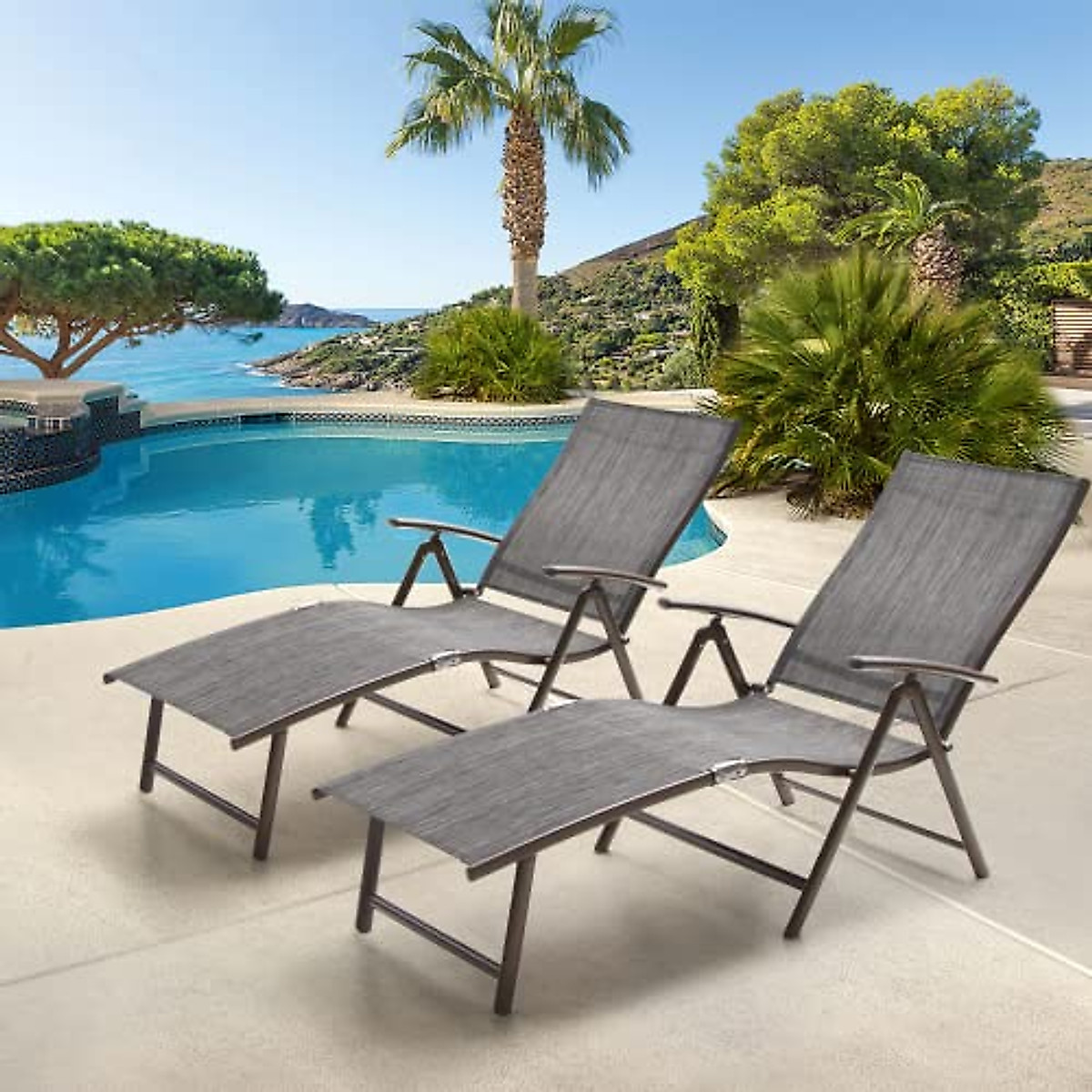 Pellebant Outdoor Chaise Lounge Set of 2, Aluminum Pool Lounge Chairs with Adjustable Backrest & Footrest, Foldable Pool Loungers for Beach, Poolside, Deck, Patio(2pcs, Black&Grey)