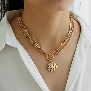 Gold Chunky Thick Link Chain Necklace Compass Coin Pendant Toggle Necklace Charm Minimalist Jewelry for Women Men Teen Girls
