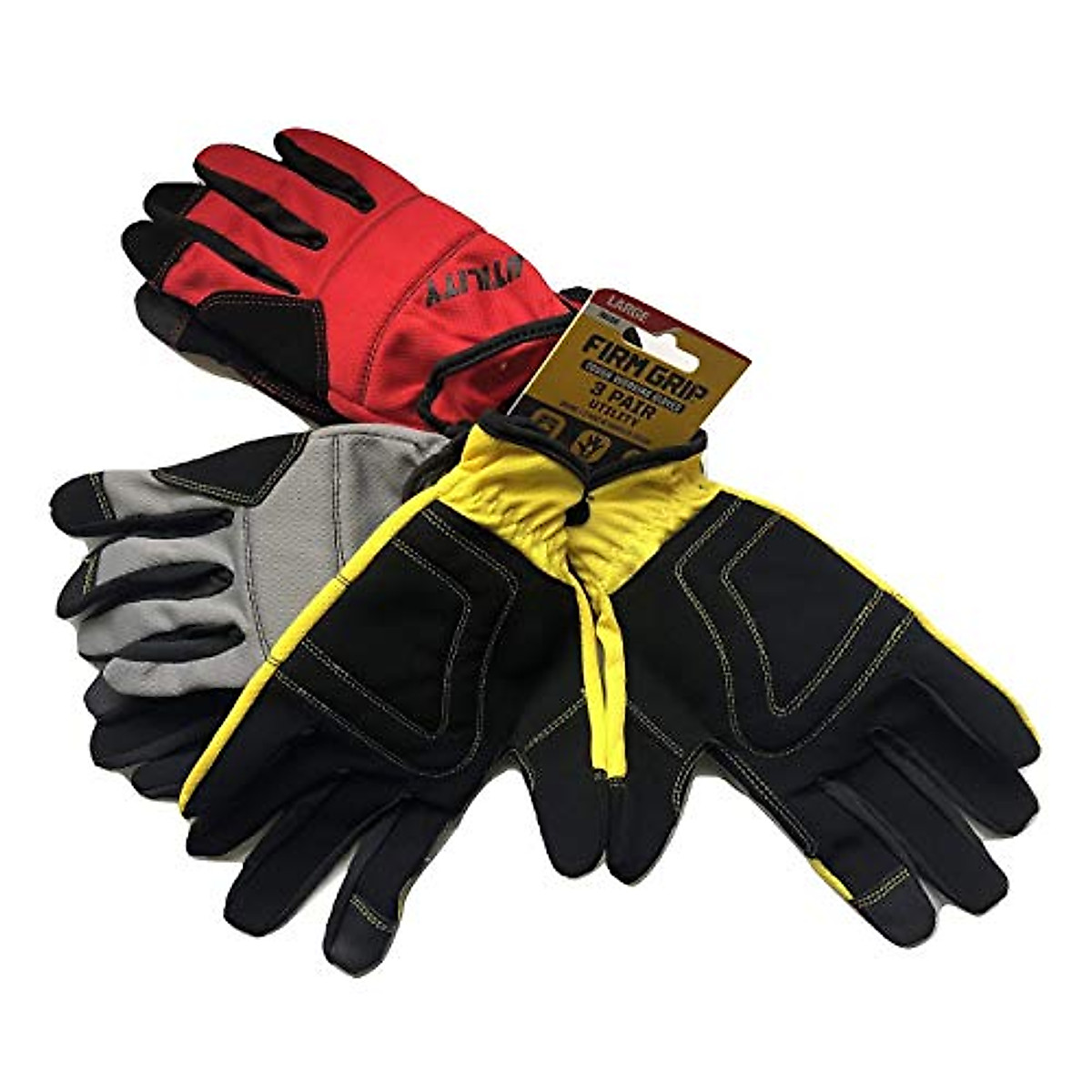 Tough Working Gloves, 3 Pair Utility, Red, Gray, Yellow