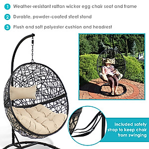 Sunnydaze Jackson Resin Wicker Hanging Egg Chair with Steel Stand - 265-Pound Weight Capacity - Includes Beige Cushions