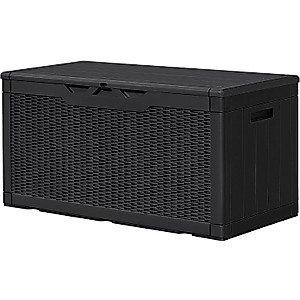 WARCAT 100 Gallon Deck Box Outdoor Resin Waterproof Storage Box UV Resistant Lockable Storage Bench for Patio Furniture, Garden Tools and Pool Supplies (Black)