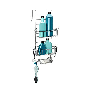 Zenna Home Hanging Shower Caddy, Over the Door, Rust Resistant, with 2 Storage Baskets, Soap Dish, Razor Holders and Hooks, Bathroom or Kitchen Shelf Organizer, No Drilling, Chrome
