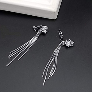 YOQUCOL 7MM Bright Cubic Zirconia Crystal Tassel Dangle Clip On Long Drop Non Pierced Wedding Earrings For Women