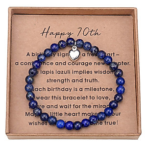 70th Birthday Gifts for Women Turning 70 - Lapis lazuli Bead Bracelet with Sterling Silver Heart Charm with Card and Gift Box