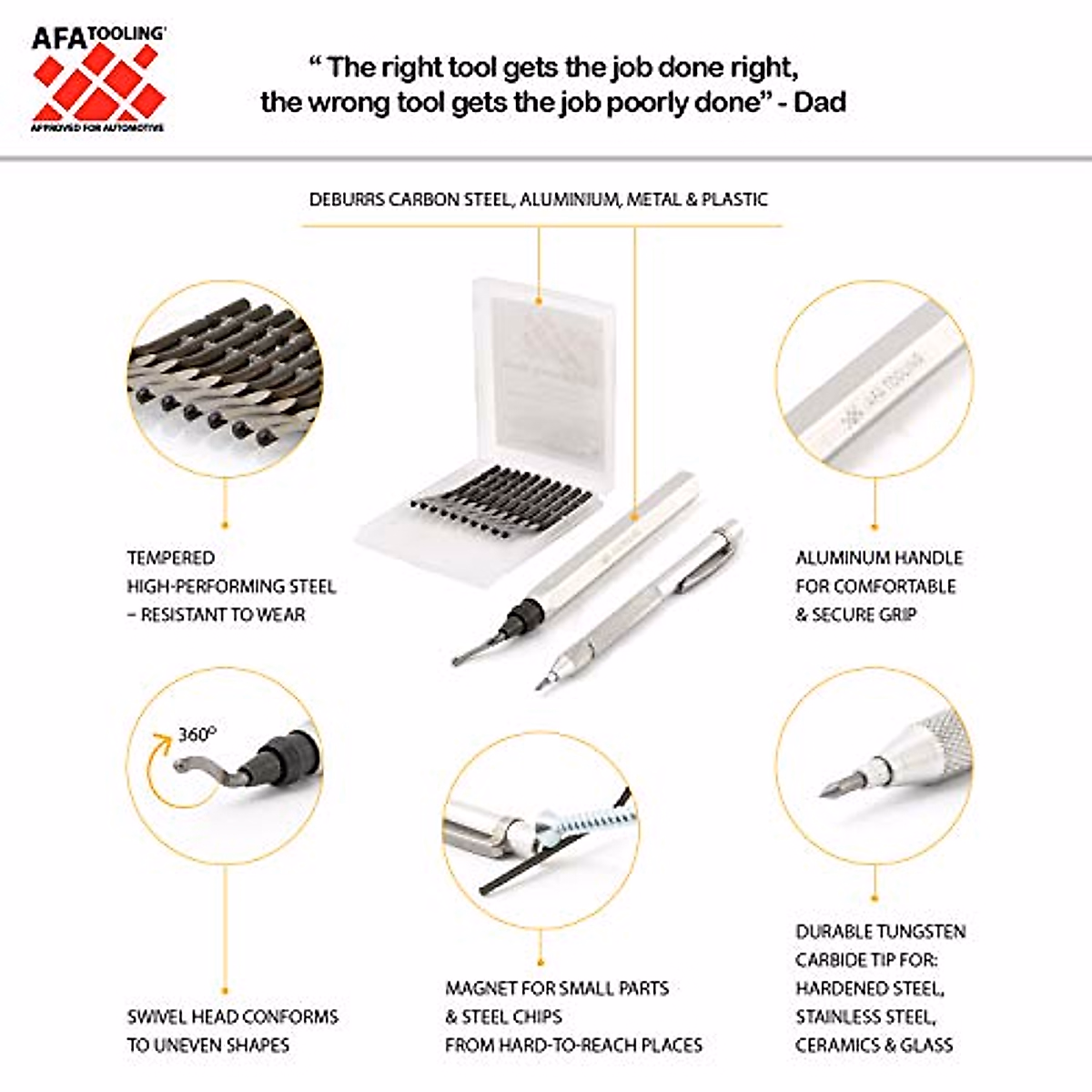 AFA Tooling - Deburring Tool with 11 High Speed Steel Blades and Tungsten Carbide Scribe - Works on Metal, Resin, PVC Pipes, Copper, Plastic and 3D Printed Edges - Plumbing & 3D Printing Tool