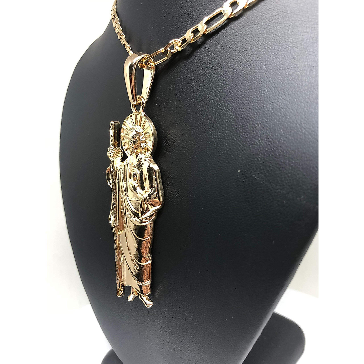 Fran & Co. Jewelry Gold Plated Big Saint Jude Pendant Necklace Figaro 26" San Judas Tadeo Medalla XL Cadena Oro