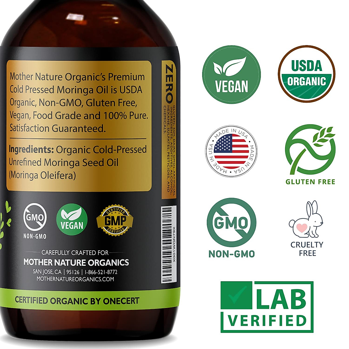 Moringa Oil - USDA Certified Organic, 100% Pure, Cold Pressed & Unrefined Gluten Free Oil (2oz) - Natural Moisturizer for Skin, Face, Body & Hair - Non-GMO & Vegan