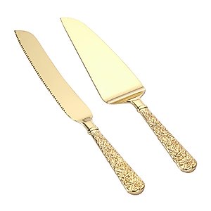 BSTKEY Pack of 2 Gold Cake Pie Pastry Servers, Cake Knife and Server Set, Vintage Engraved Cake Cutter Serving Spatula Set for Wedding Birthday Parties Christmas Thanksgiving and Events