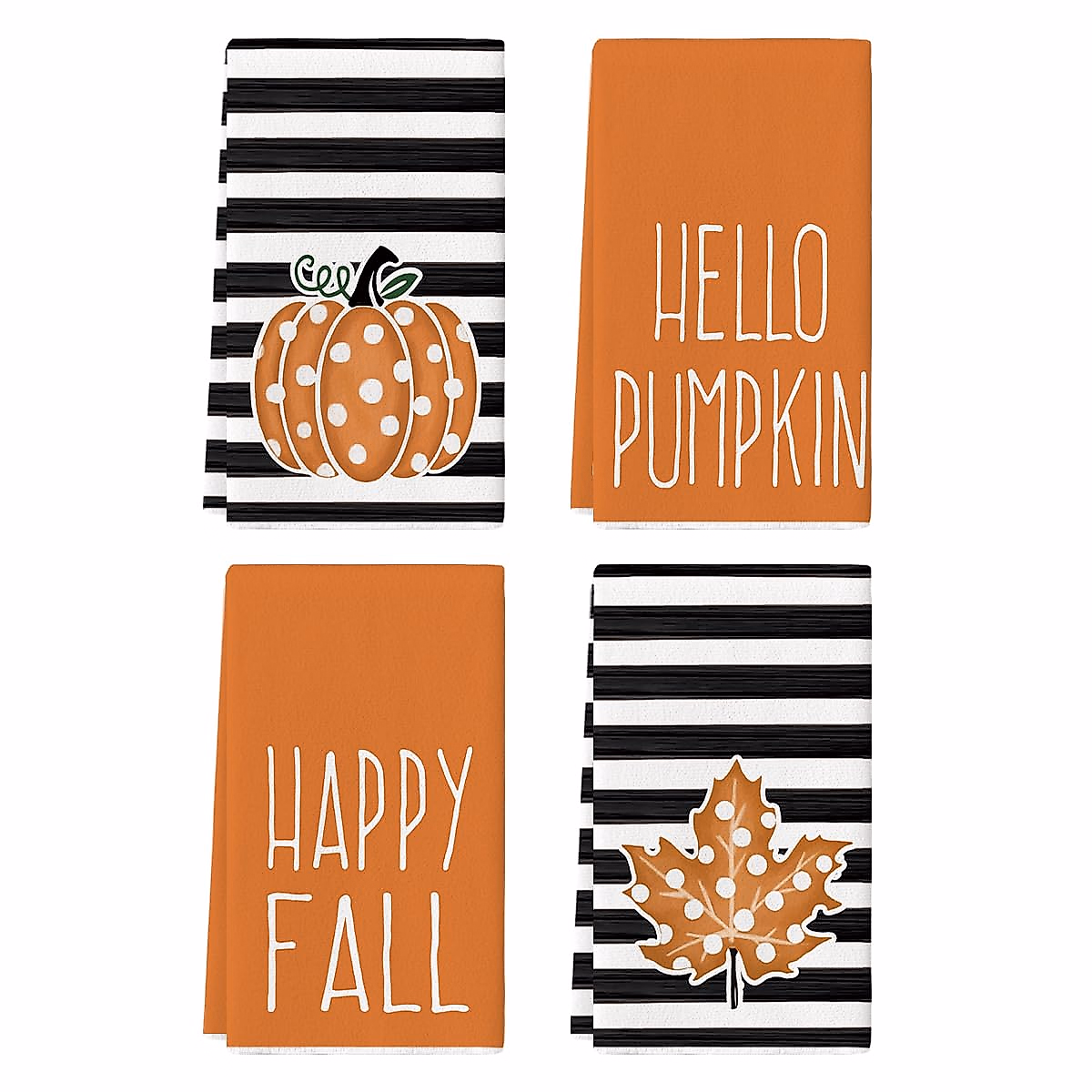 Artoid Mode Stripes Polka Dot Hello Pumpkin Fall Kitchen Towels Dish Towels, 18x26 Inch Farmhouse Maple Leaves Decoration Hand Towels Set of 4