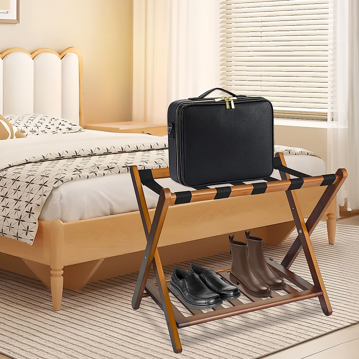 GUANBOM Luggage Rack，Folding Suitcase Stand with Storage Shelf，Luggage Stand for Guest Room Bedroom and Hotel (Brown)