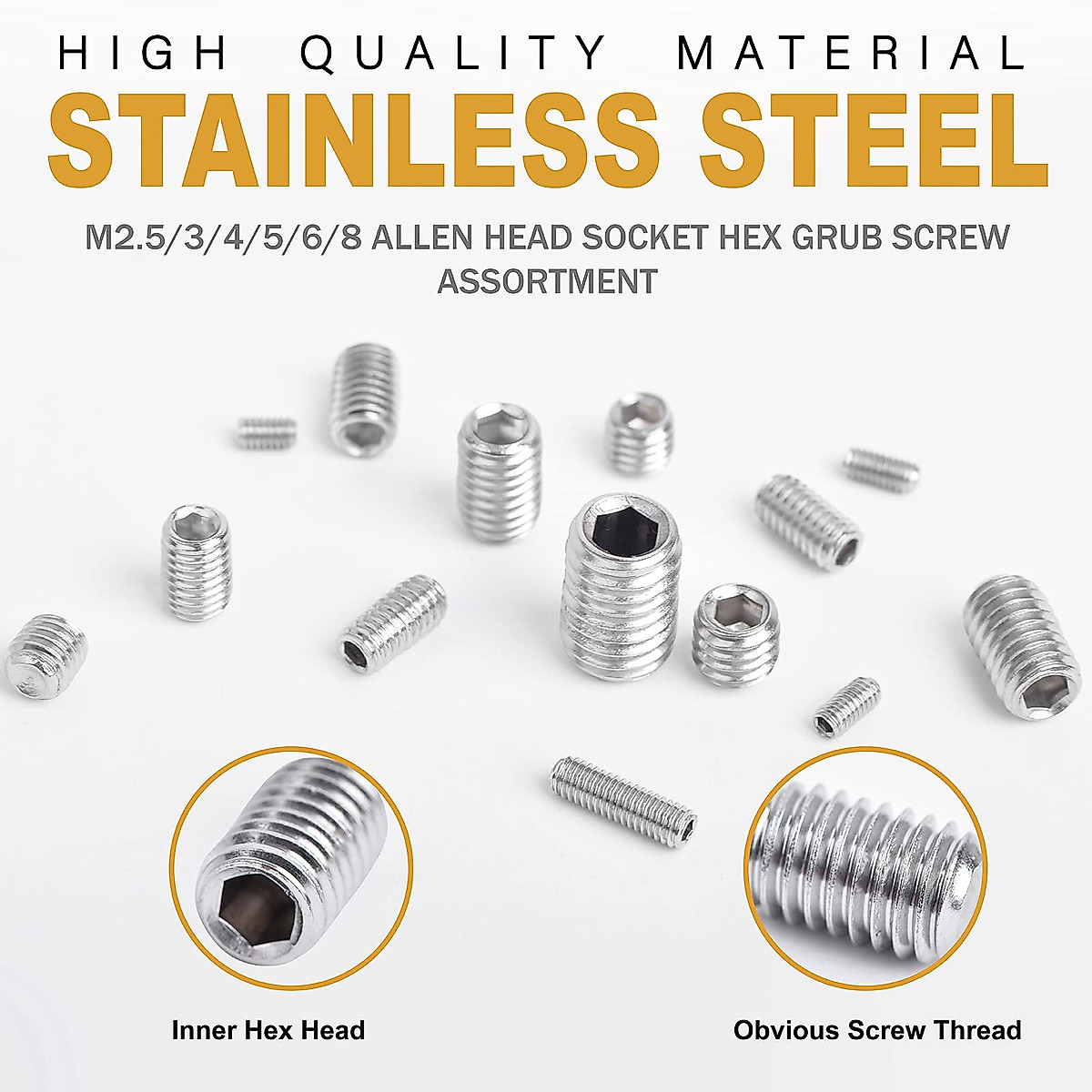 VIGRUE 450PCS M2.5/M3/M4/M5/M6/M8 Hex Allen Head Socket Set Screw Bolts Assortment Kit Grub Screw with Internal Hex Drive, 304 Stainless Steel