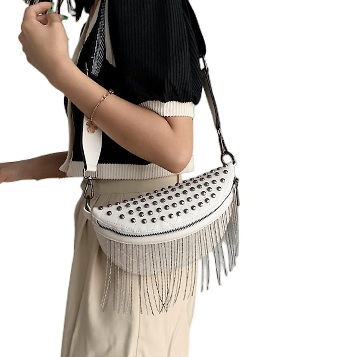 IAMUHI Women Vegan Leather Cross Chest Bag Rivets Fringed Shoulder Handbag Purse Waist Bag,White