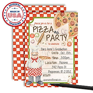Watercolor Chef Pizza Party Themed Birthday Party Invitations for Kids, 20 5x7 Fill In Cards with Twenty White Envelopes by AmandaCreation