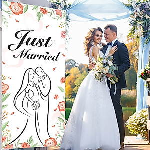 DPKOW Pink White Just Married Banner (6x3 feet) - Premium Wedding Engagement Party Decoration, Bridal Shower Door Cover, Romantic Rose Design, Tear Resistant, Reusable