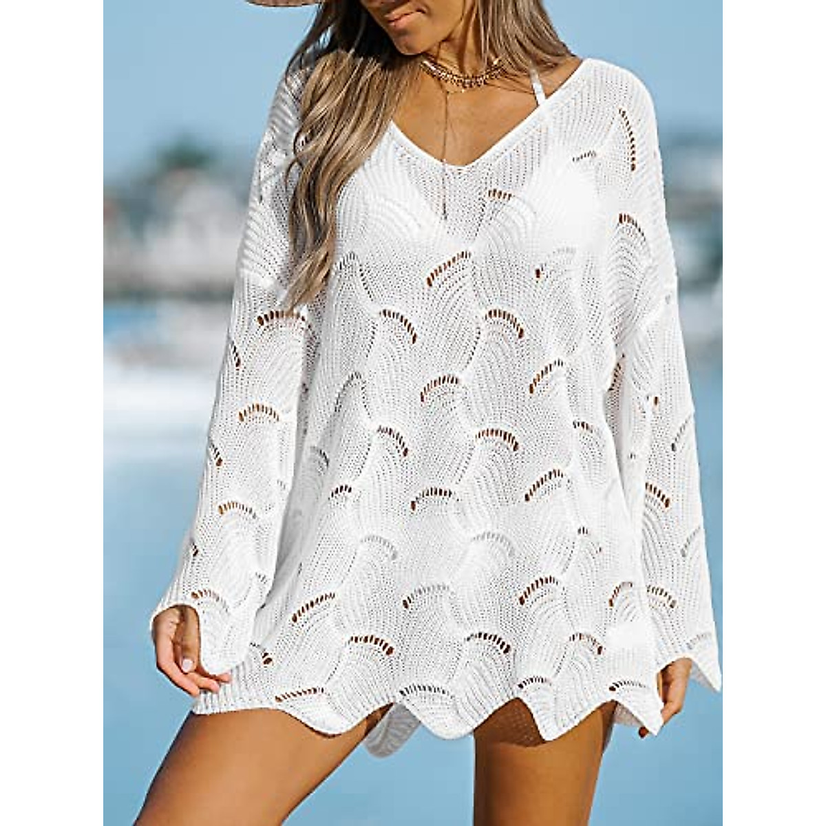 CUPSHE Women Casual Cut Out Swim Cover Up Drop Shoulder Long Sleeve V-Neck Cover-Ups,S White