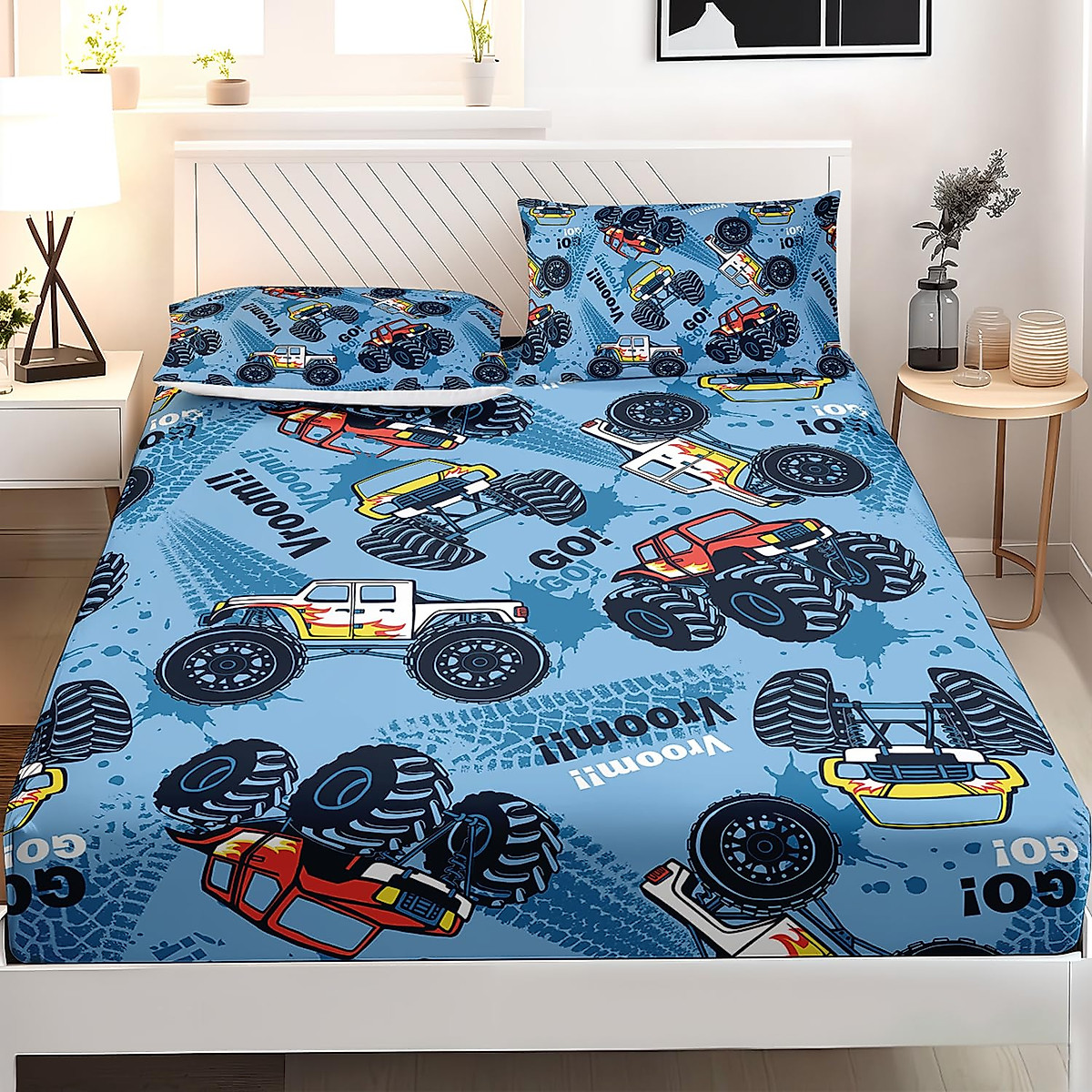 AILONEN Truck Fitted Sheet Set for Boys,Graffiti Blue Monster Truck Bedding Set Twin Size for Kids Boys Teens for Bedroom Decor,1 Fitted Sheet and 2 Pillowcases,3 Pieces