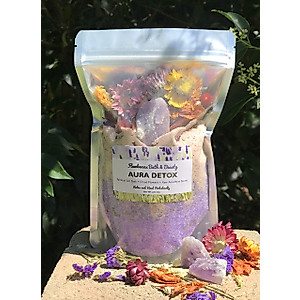 Flambeaux Bath & Beauty | Detoxifying Spiritual Salt Bath | Epsom Salt Detox Bath | Easy Press Lock Seal | Dried Flowers | Raw Amethyst Stone