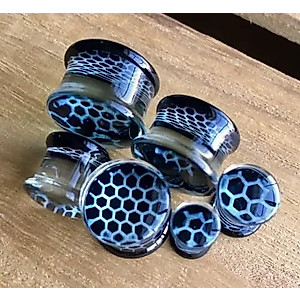 Lobal Domination PAIR of Black Honeycomb Design Pyrex Glass Double Flare Plugs Gauges Body Jewelry (10mm (00g))
