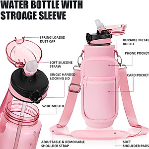 Fimibuke 32 oz Water Bottle with Sleeve - BPA Free Leakproof Sport Large 1L Plastic Motivational Water Bottle with Straw & Strap & Insulated Neoprene Holder Carrier Bag for Women Men(A2.Baby Pink)