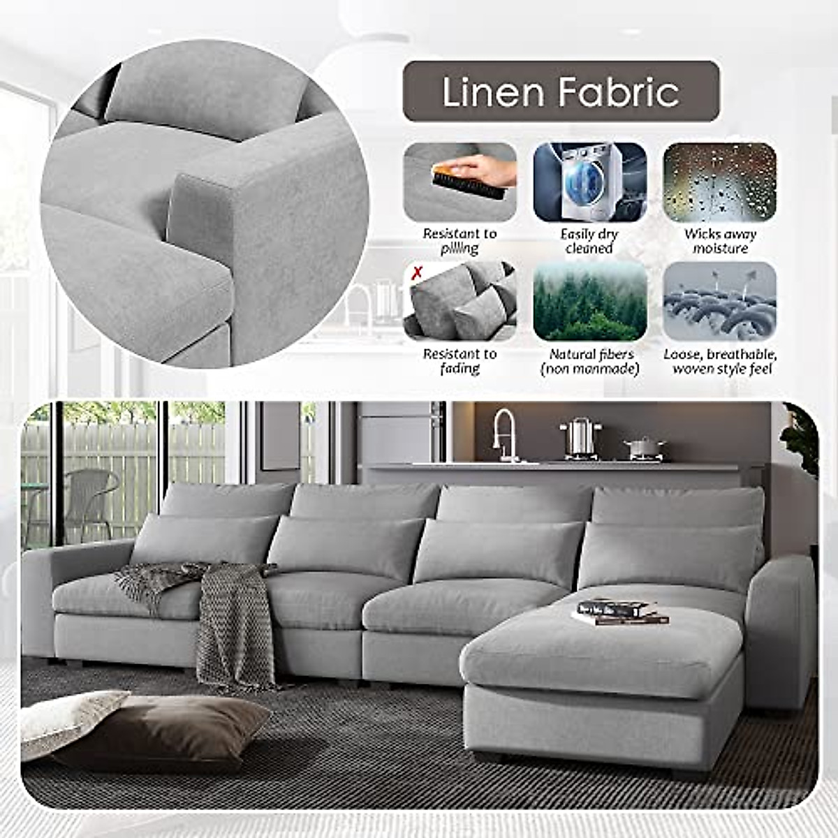 130" L-Shaped Convertible Deep Seat Feather Filled Modular Sectional Sofa with Reversible Chaise/Movable Ottoman&4 Waist Pillows,Comfy Upholstered Corner Couch,5-Seat Oversized Sofá for Living Room