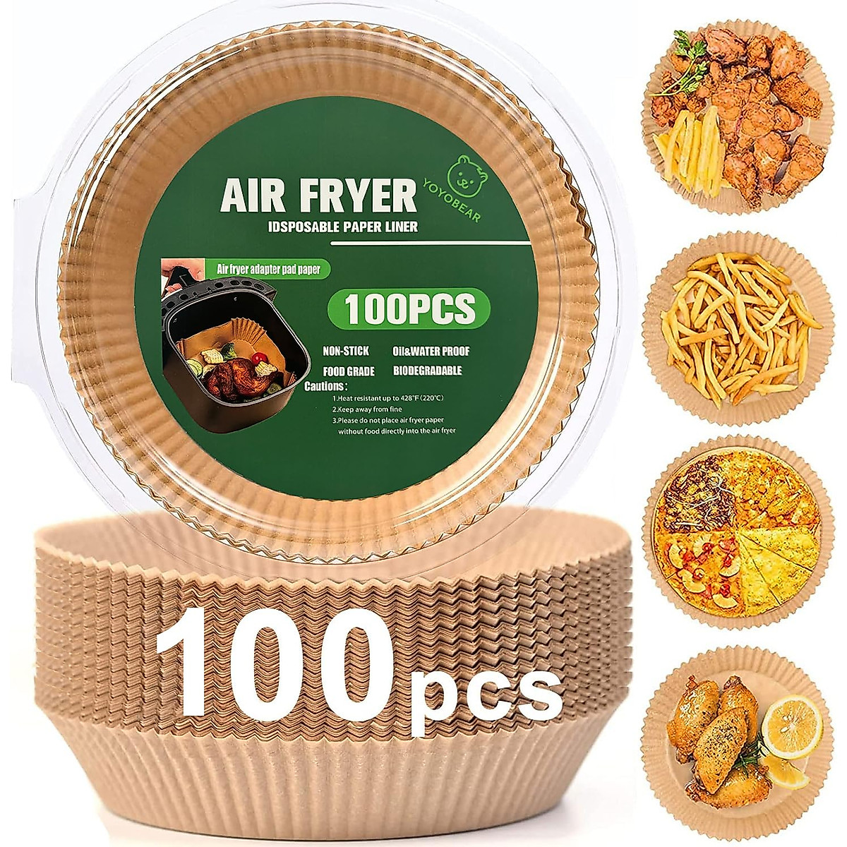 100PCS Air Fryer Disposable Paper Liner, Cooking Paper for Air Fryer, Non-Stick Air Fryer Liners, Baking Paper for Air Fryer Oil-proof, Food Grade Parchment for Baking Roasting Microwave